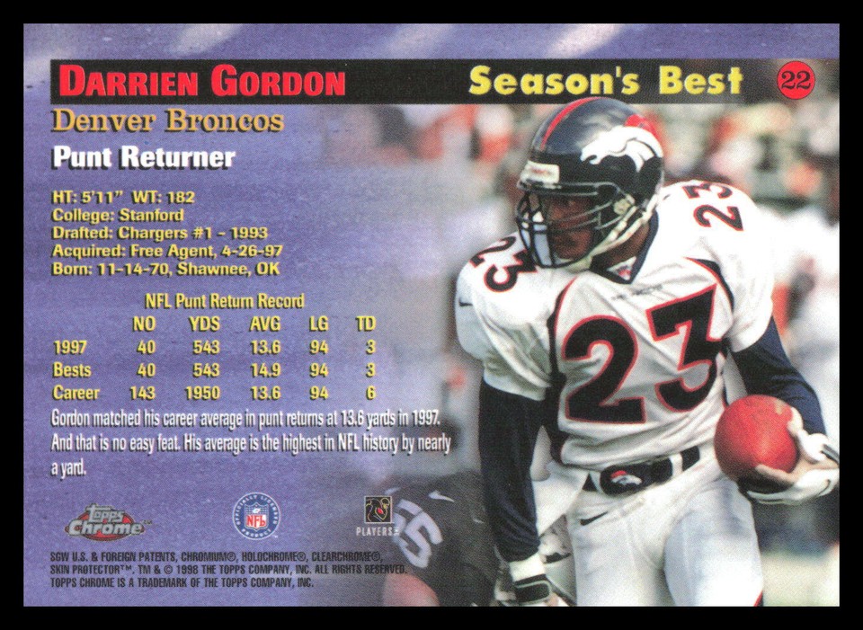 1998 Topps Darrien Gordon #22 Season's Best Denver Broncos 3L | eBay