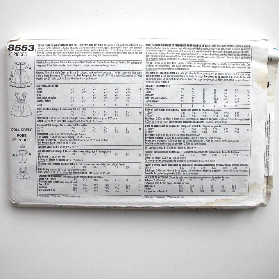 Simplicity Sewing Pattern 8553 sz BB 5 6 6x Daisy Kingdom Dress ...