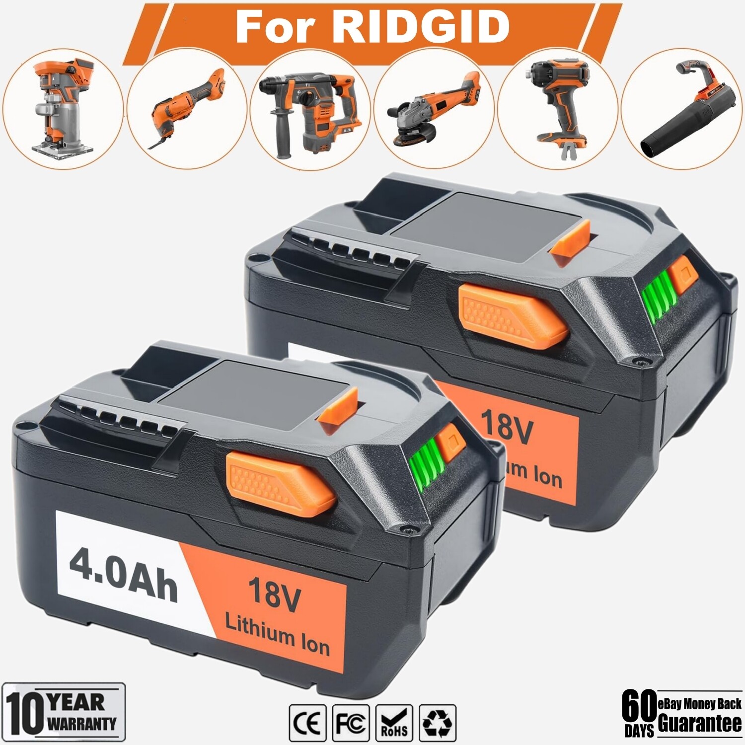 2PACK 18V Hyper Lithium Battery 4.0AH For Ridgid 18V R840087 R840085 ...