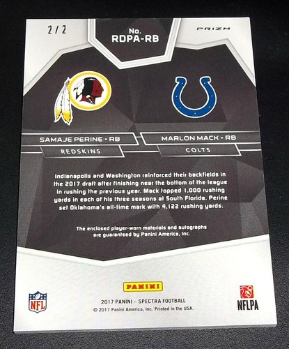 #2/2 Rc Jersey Samaje Perine Auto 2017 Prizm Rookie Signed Marlon Mack ...