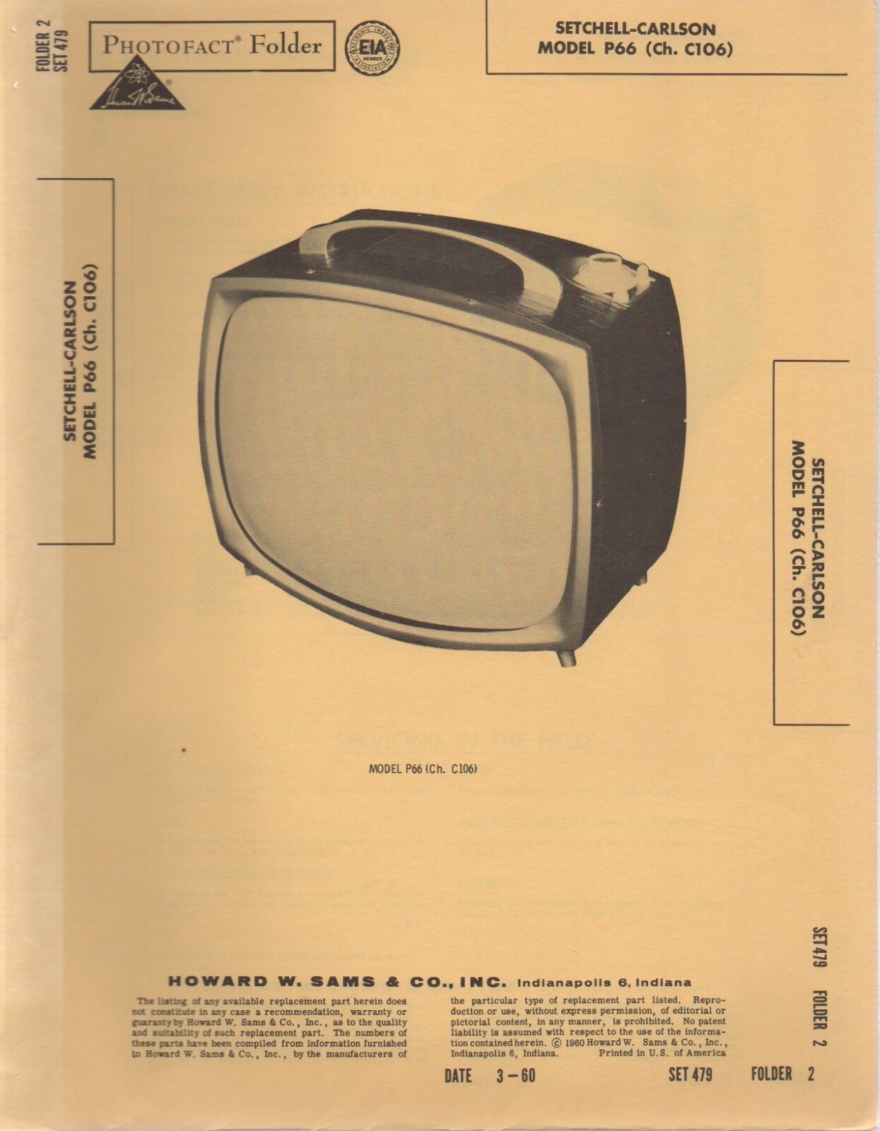 1960 SETCHELL CARLSON P66 TELEVISION SERVICE MANUAL PHOTOFACT SCHEMATIC ...