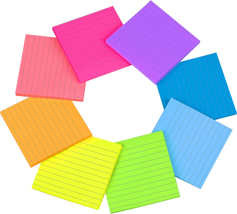 (8 Pack) Lined Sticky Notes 4x4 Bright Stickies Colorful Super Sticking ...