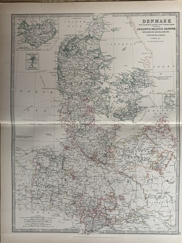 1886 DENMARK & NORTH GERMANY ORIGINAL ANTIQUE HAND COLOURED MAP BY ...