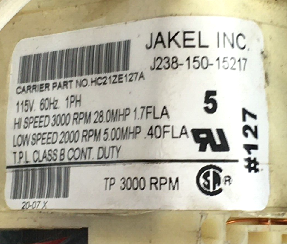 JAKEL J238-150-15217 Draft Inducer Blower Motor HC21ZE127A 115V used ref #RMA5A | eBay