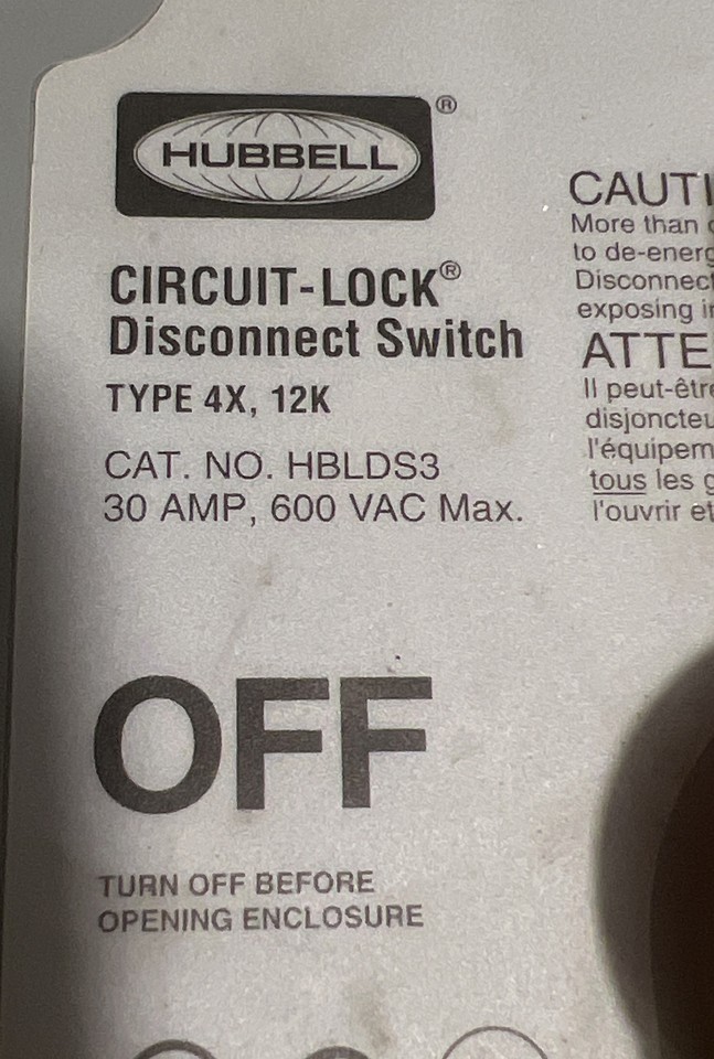 🔥HUBBLE HBLDS3 Circuit Lock Disconnect Switch Type 4X,12K,30A 600VAC ...