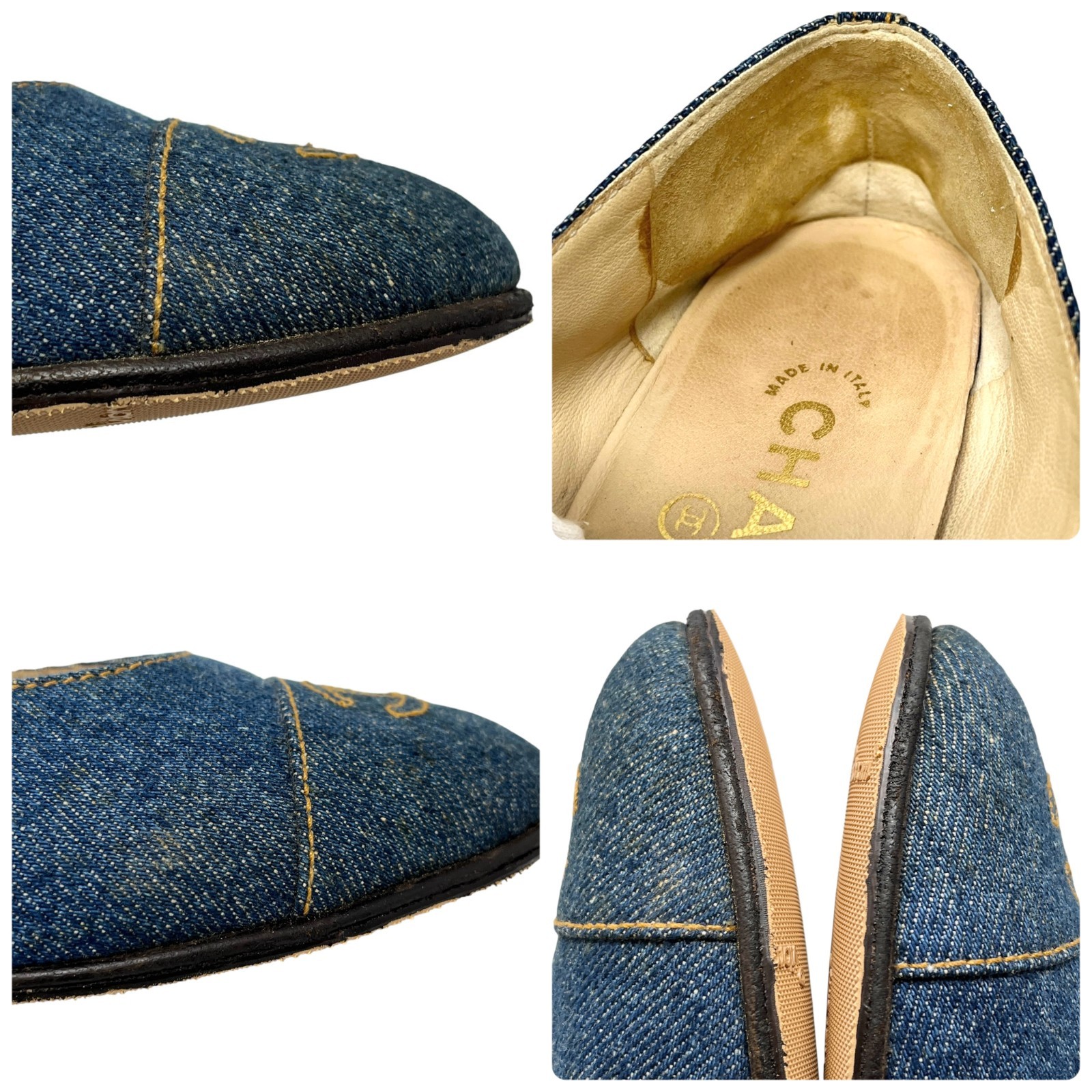 CHANEL Vintage 97P CC Mark Logo Denim Flat Shoes #36 Stitch Blue Beige ...