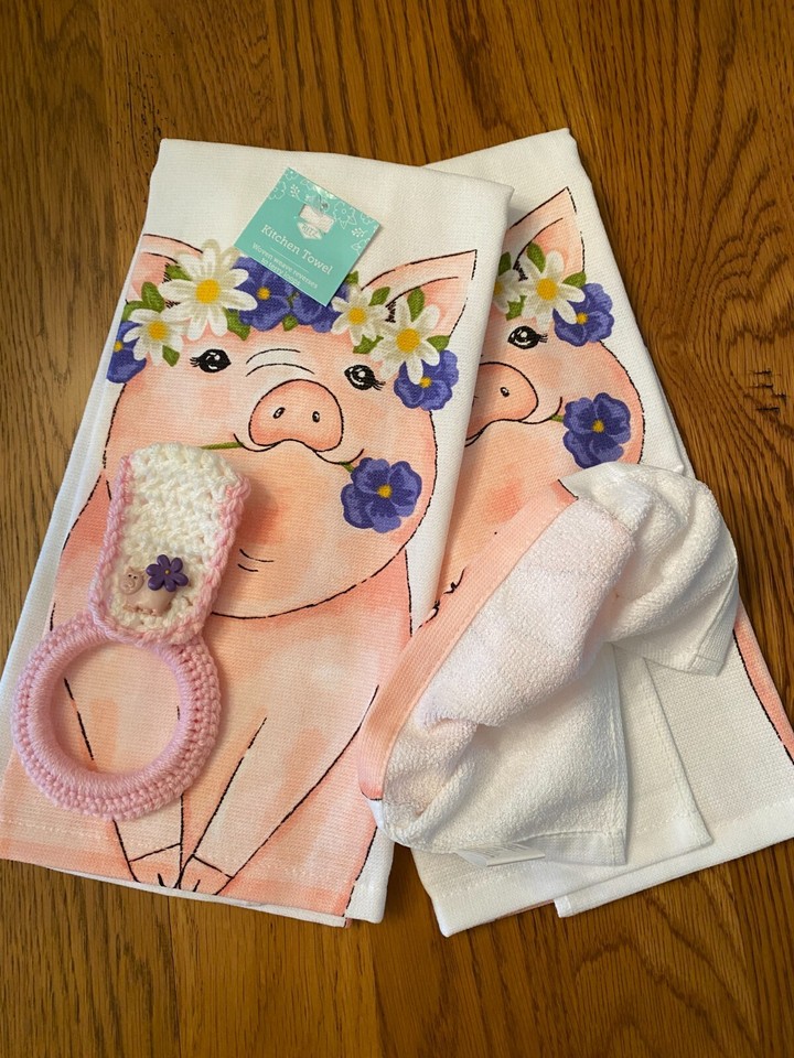" PIG" themed towels with crochet towel ring holder (3pcs set) | eBay