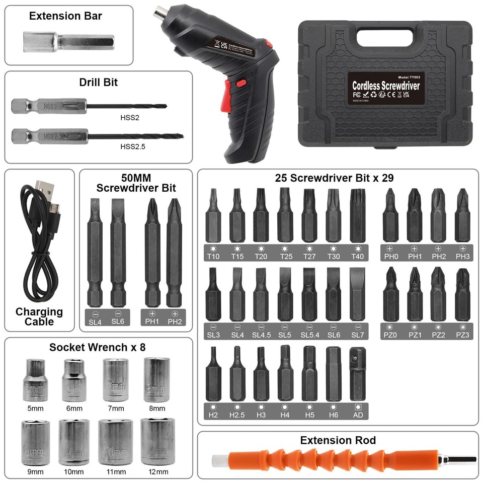 3.6V Cordless Electric Screwdriver Set USB Charging 3Nm Screw Gun with ...