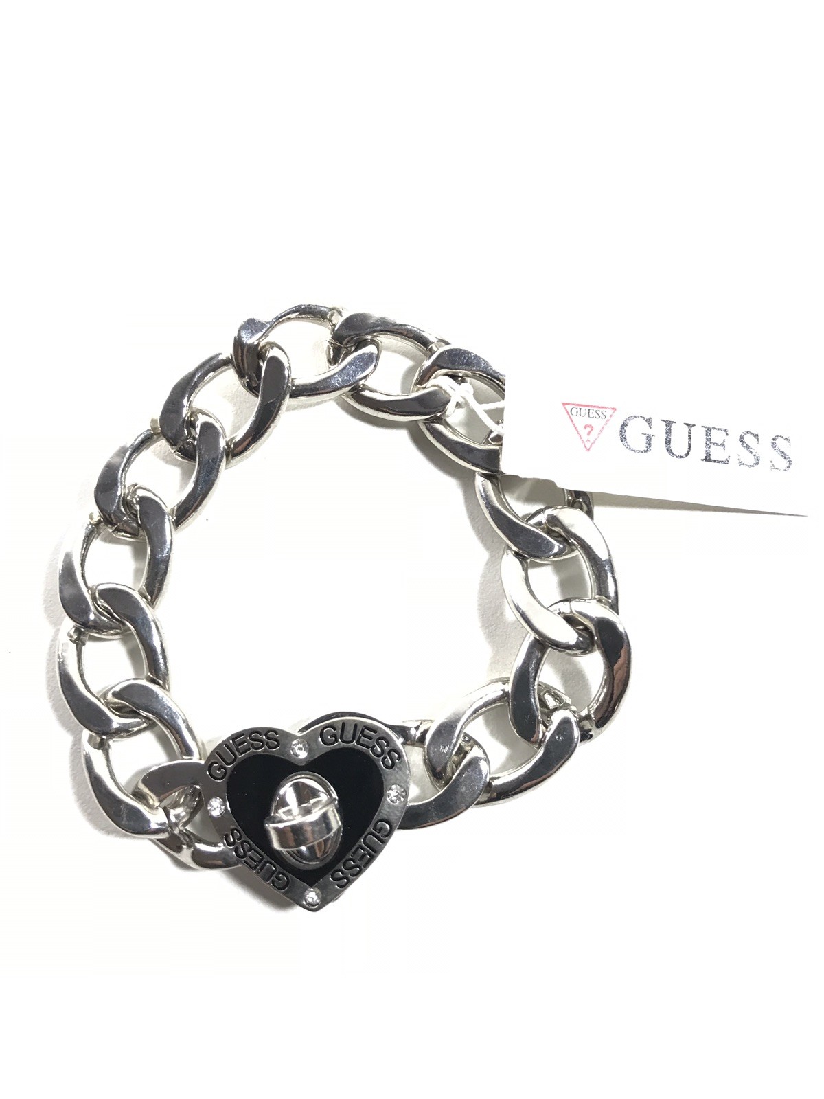 NEW-SILVER TONE GUESS CHAIN LINK w/TURN LOCK WHITE HEART+CRYSTAL WOMENS ...