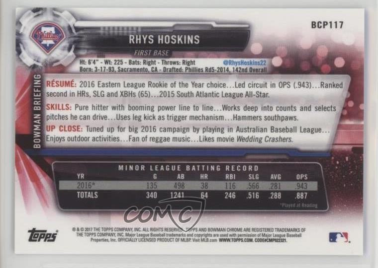 2017 Bowman Chrome Prospects Blue Shimmer Refractor Rhys Hoskins # ...