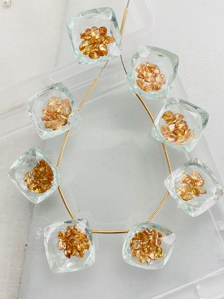 Crystal Quartz & Champagne Zircon Floating Shaker Packed Cushion Beads ...