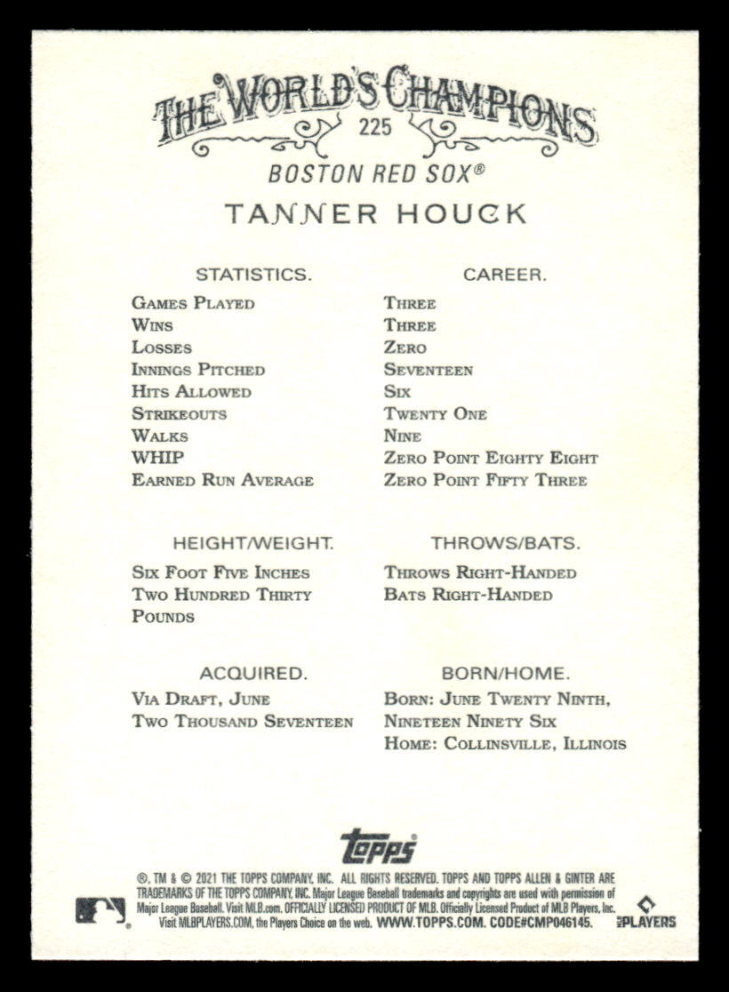 2021 Topps Allen & Ginter #225 Tanner Houck Rookie Boston Red Sox | eBay