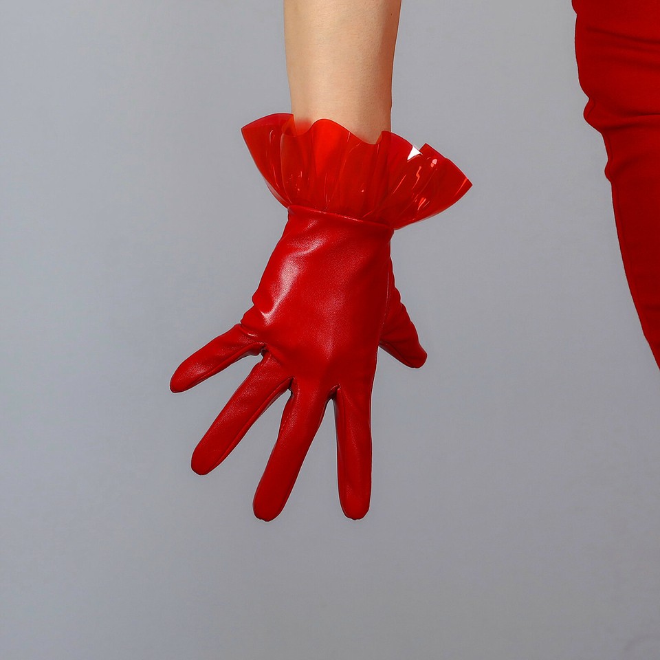 CLEAR GLOVES PVC Ruffle Trim TECH Faux Leather Black Short Plastic ...