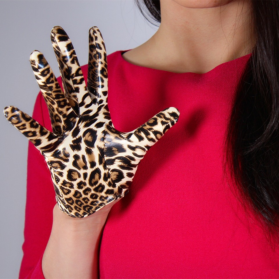 LATEX LONG GLOVES Shine Leather PU 28" 70cm Animal Print Brown Cheetah ...