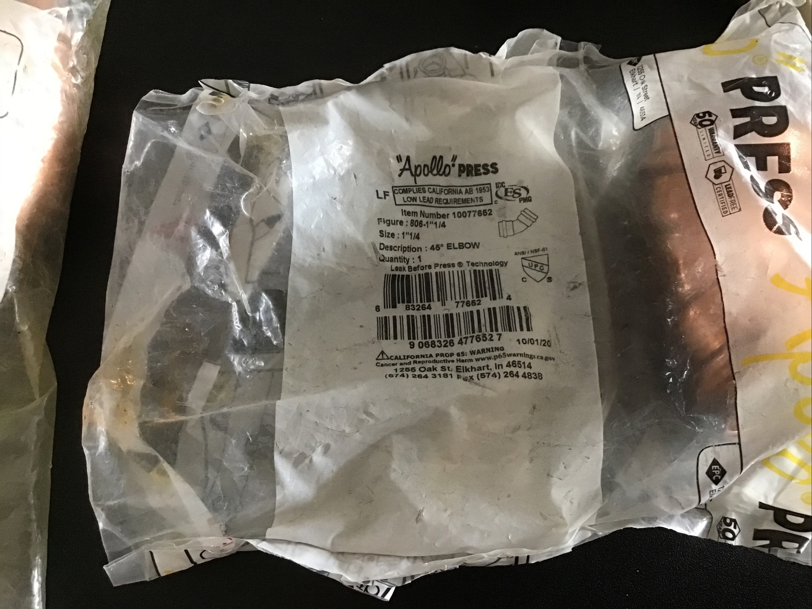 "Apollo" Press Copper Elbow 1 1/4" 100077652 Model 806 | eBay