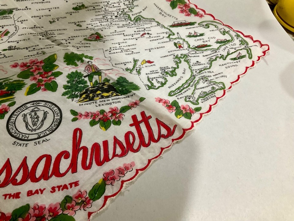 Vintage MASSACHUSETTS STATE map hanky, hankie, handkerchief 1950'S | eBay