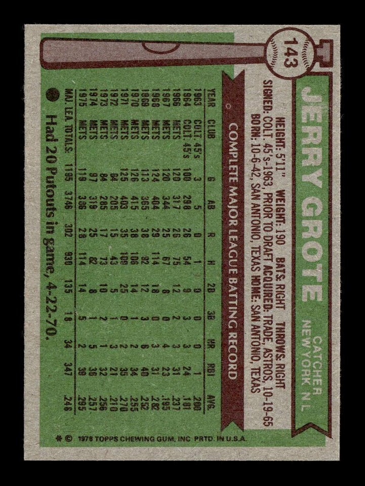 1976 Topps #143 Jerry Grote New York Mets EX-MT Baseball Card *G852 | eBay