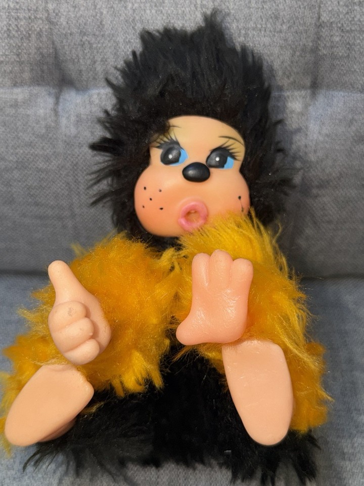 Vintage 1980s Plush Thumb Sucking Doll Black Yellow Fur Monchichi Retro ...