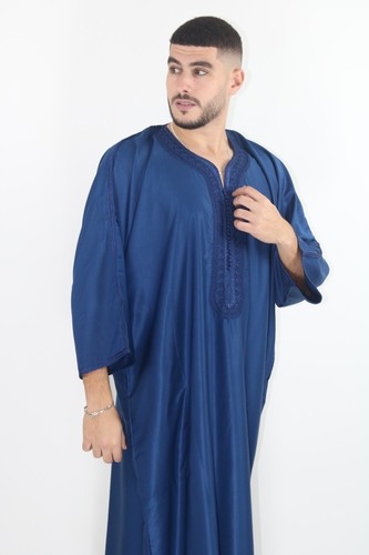 Mens Premium Moroccan Thobe royal blue embroidery Jubbah Kaftan Short ...