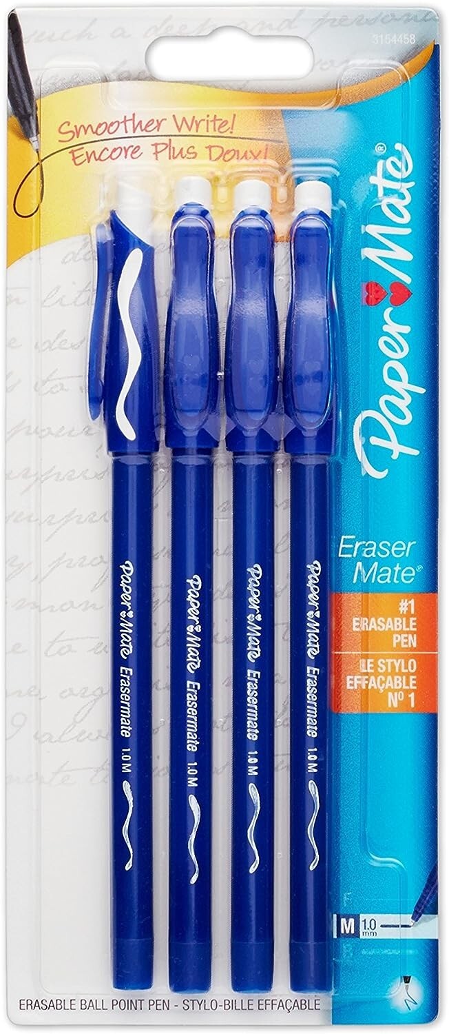 NIB Paper Mate EraserMate Stick Ballpoint Pen, Medium Point, Blue Ink ...