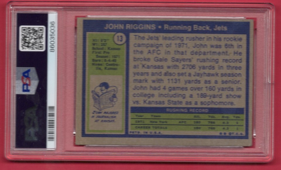1972 Topps #13 John Riggins Rookie RC NY Jets PSA 4 VG-EX Football Card ...