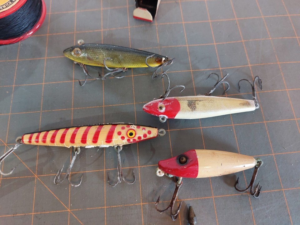 Lot Vintage Fishing Lures Bobbers String Wooden Plastic Cork Lube Oiler ...