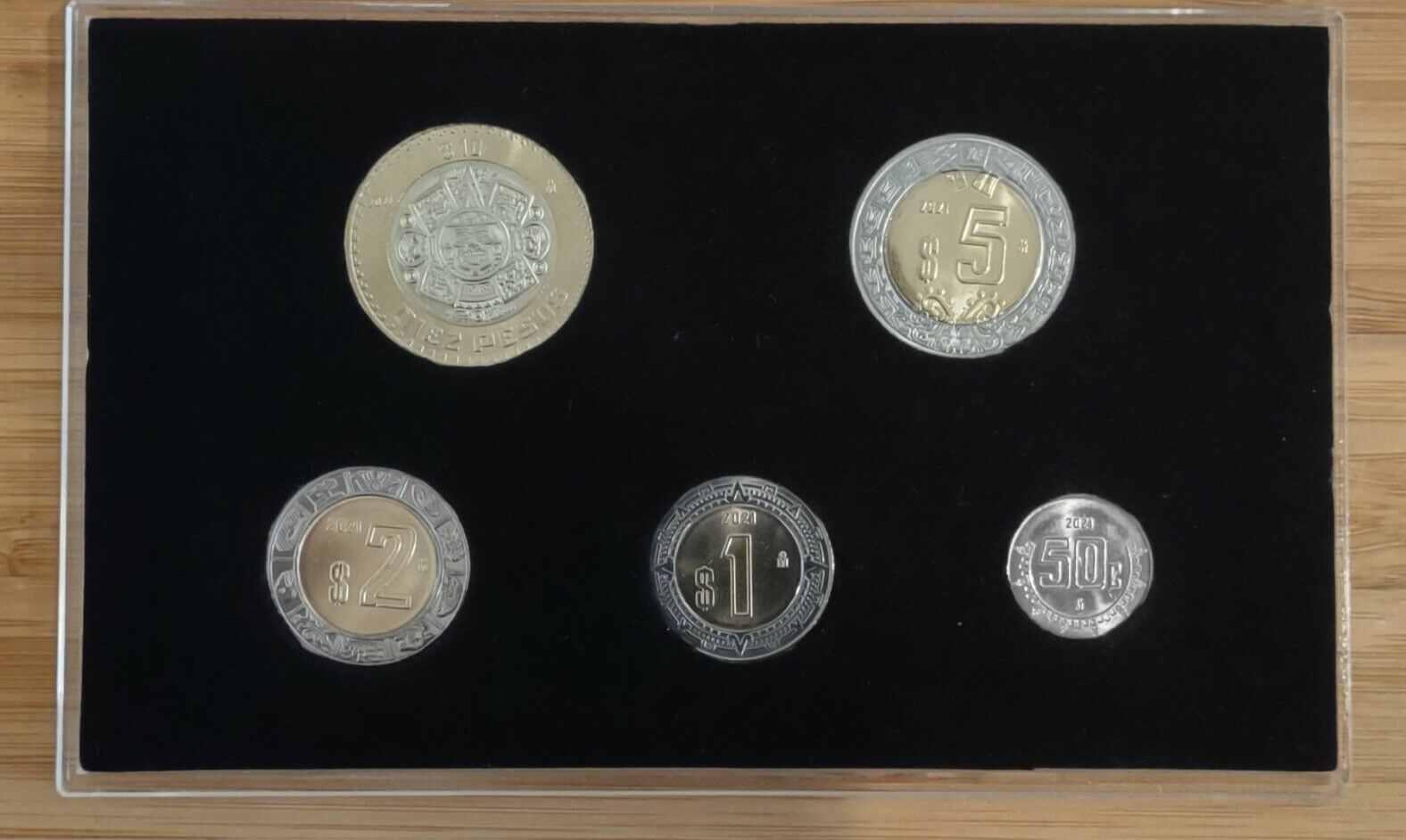 MEXICO 10 5 2 1 .50 PESOS COIN 5 PCS COIN SET UNC ACRYLIC DISPLAY CASE ...