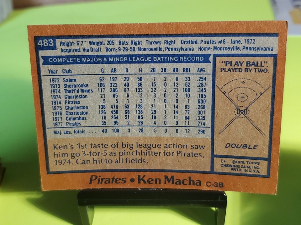 1978 Topps Pittsburgh Pirates Baseball #483 Ken Macha RC Rookie | eBay