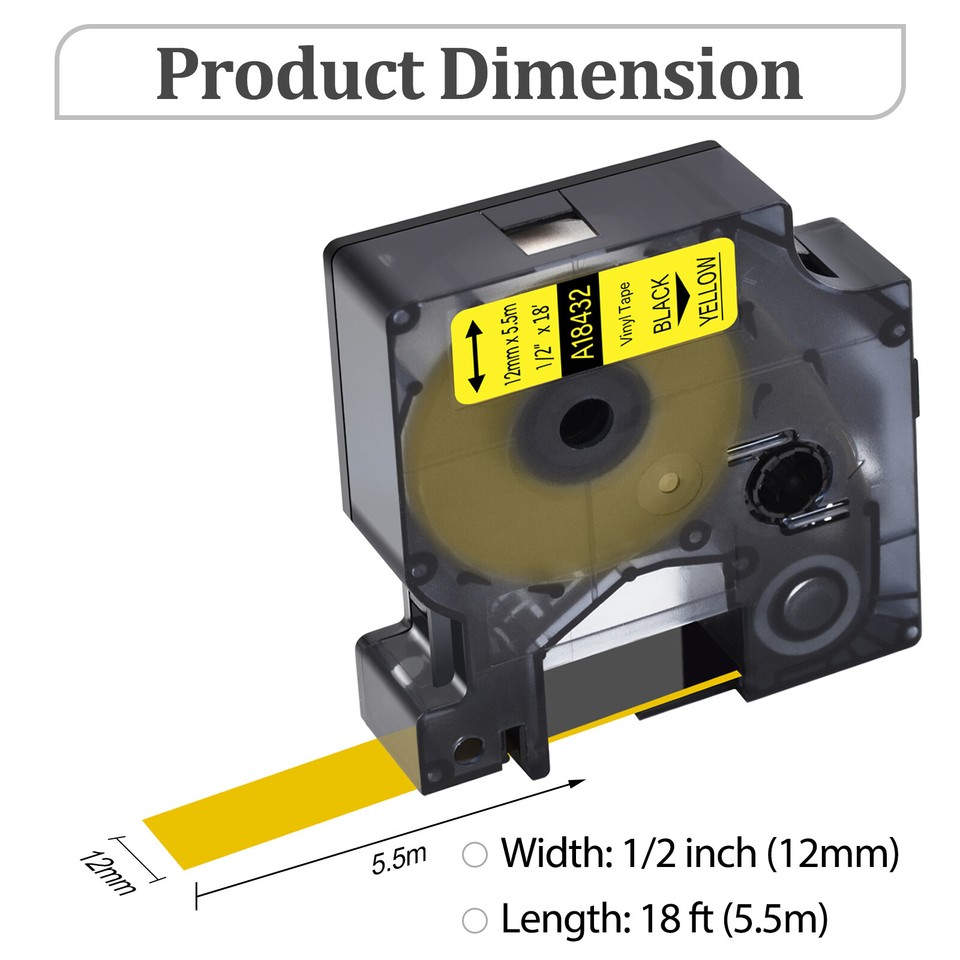 4PK Black on Yellow Vinyl Label 18432 12mm for DYMO Rhino 5000 5200 ...