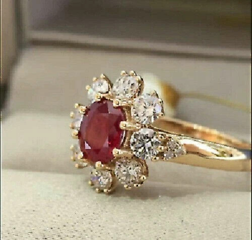 3Ct Lab Created Diamond Oval Red Ruby Diamond Womens Ring 14K Yellow ...