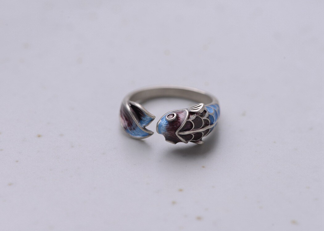 S925 Sterling Silver Vintage Enamel Lucky Carp Ring Blue & Purple ...