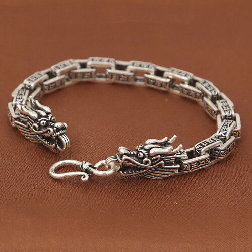 Real Solid 925 Sterling Silver Bracelet Rectangle Link Chain Dragon ...
