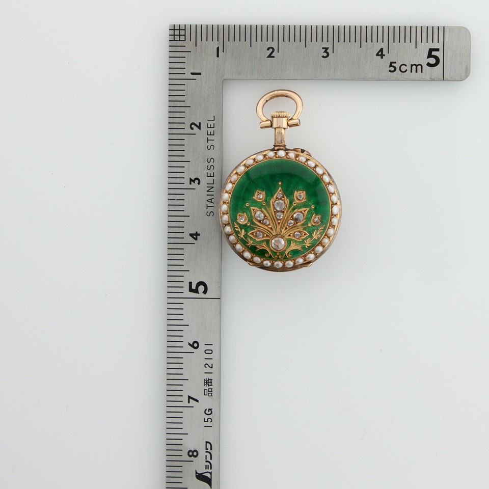 Superb Antique 18K Ladies Enameled Pearl and Diamond Watch Pin Set ...