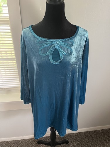 Quacker Factory Womens Size 2X Teal 3/4 Sleeves Embellished Velvet Top ...