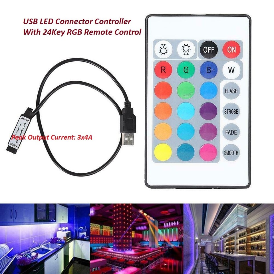 LED RGB Controller 24Key Remote + USB POWERED DC 5V Cable RGB LED Strip ...