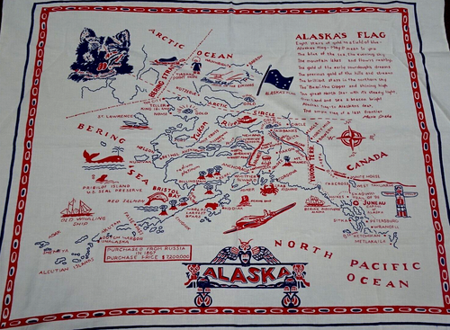 Vintage 1950s Era Souvenir Alaska Linen Map Tablecloth w/Marie Drake ...