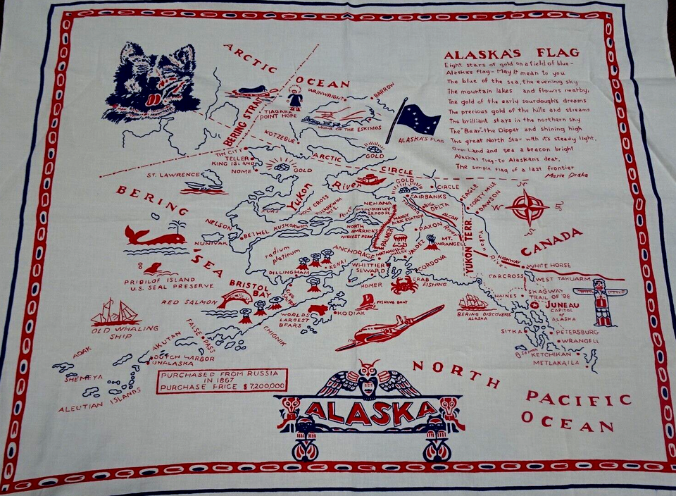 Vintage 1950s Era Souvenir Alaska Linen Map Tablecloth w/Marie Drake ...