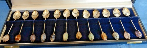 VINTAGE PRATA DE LEI BRAZILIAN DEMITASSE SPOONS w/SEMI-PRECIOUS STONES ...
