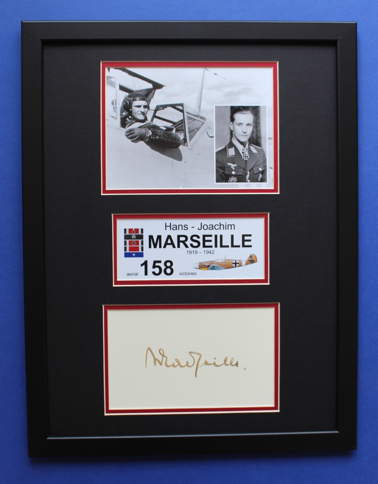 HANS-JOACHIM MARSEILLE AUTOGRAPH framed artistic display WW2 Ace Star ...