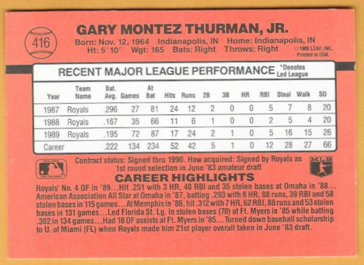 GARY THURMAN KANSAS CITY ROYALS #416 - DONRUSS NM-MT 1990 | eBay