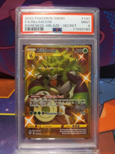 Pokemon PSA 9 Mint Rillaboom card # 197/189 Gold Secret Rare Darkness ...