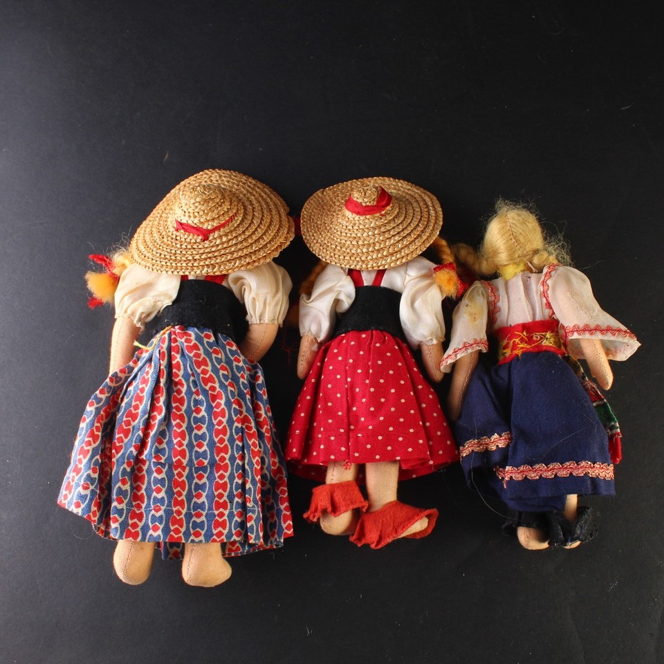 3 PC 1950s VTG Cloth Hand Painted Face Dolls Italy Blonde Braids Straw ...