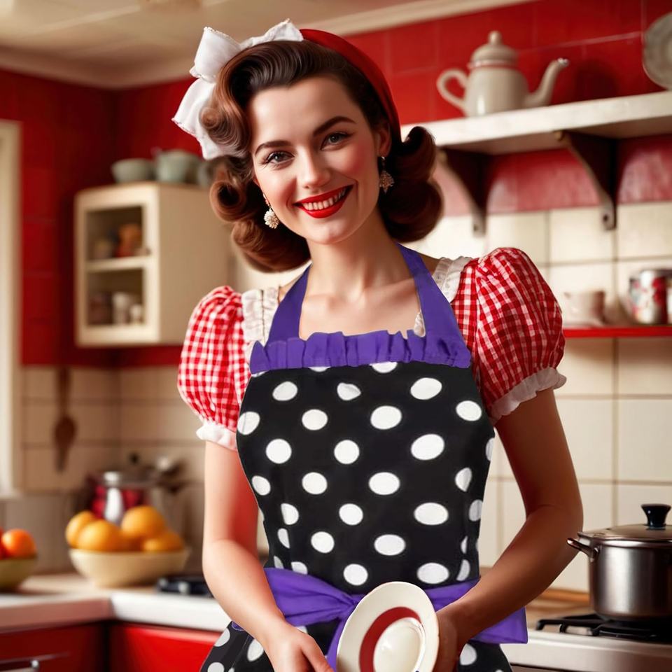 Kitchen Aprons Woman Retro Vintage Girl Polka Dot Cooking Pinafore ...