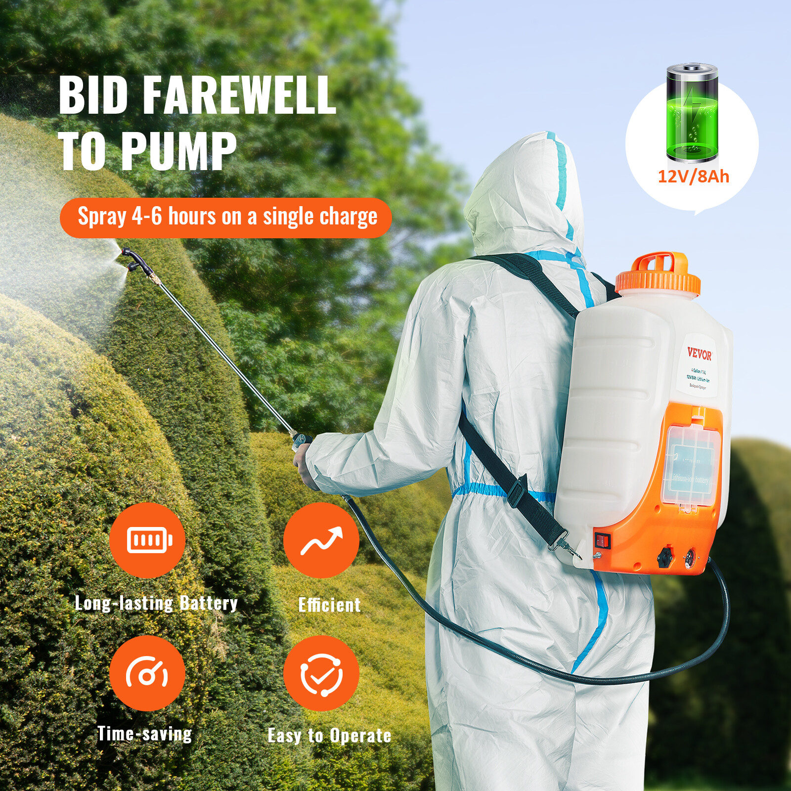 VEVOR Battery Powered Backpack Sprayer 4 Gal Tank 0-90 PSI Adjustable ...