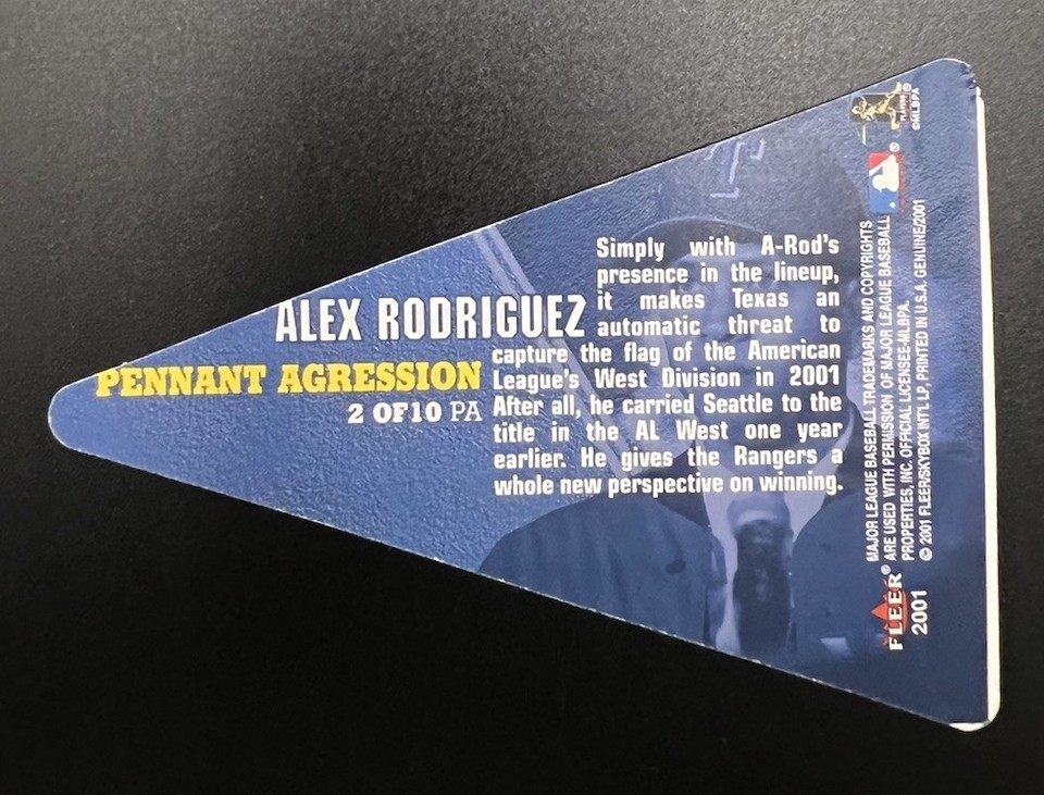 2001 Fleer Genuine #2PA Alex Rodriguez Pennant Aggression Rangers ERROR ...