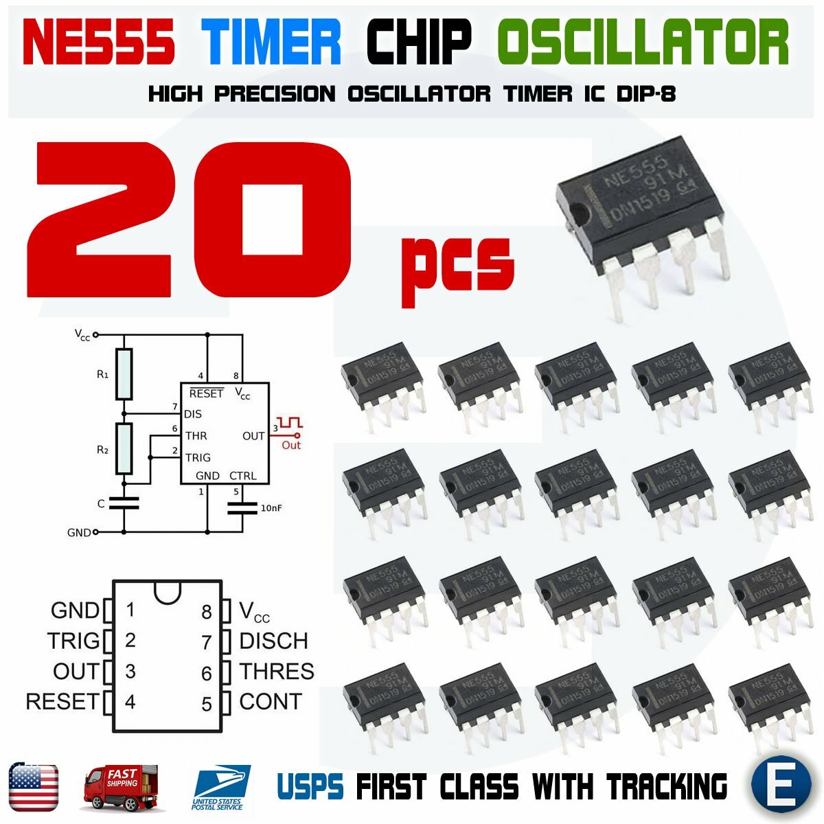 20pcs NE555P NE555 IC 555 High Precision Oscillator Timer DIP-8 Chip ...