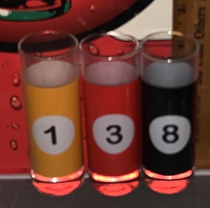 BILLARDS / POOL THEMED 3 OUNCE SHOT GLASSES JIGGER SOLIDS # 1 . # 3 AND ...