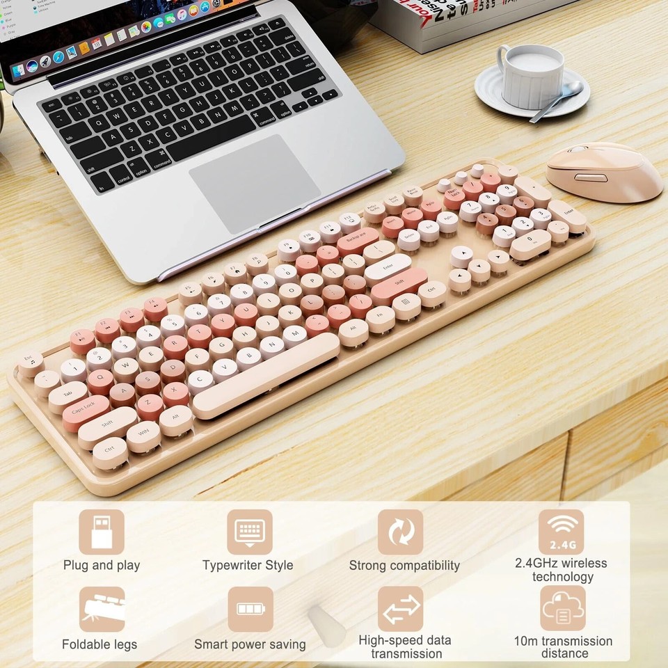 Wireless Keyboard and Mouse, Full-Size Typewriter Keyboard with Retro ...