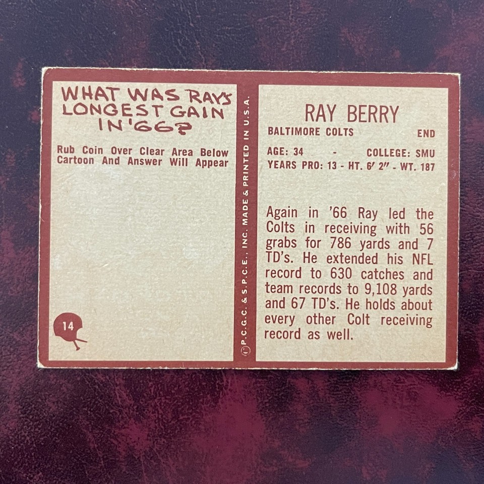 1967 Philadelphia Set RAYMOND BERRY ERROR #14 BALTIMORE COLTS - VG/VG ...