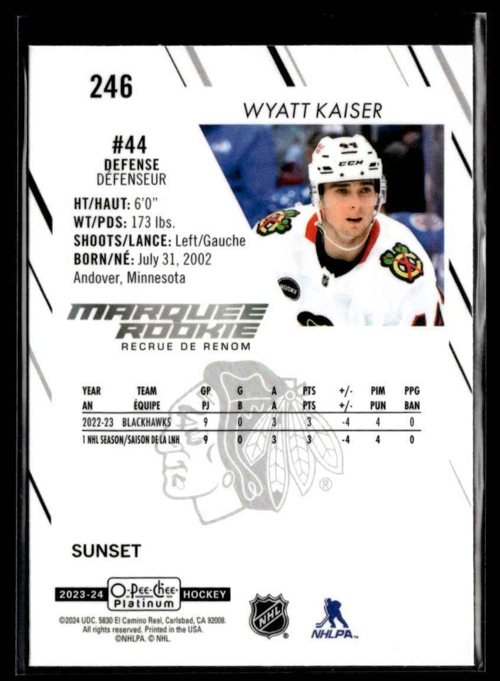 2023-24 Marquee Rookie Sunset Wyatt Kaiser Chicago Blackhawks #246 | eBay